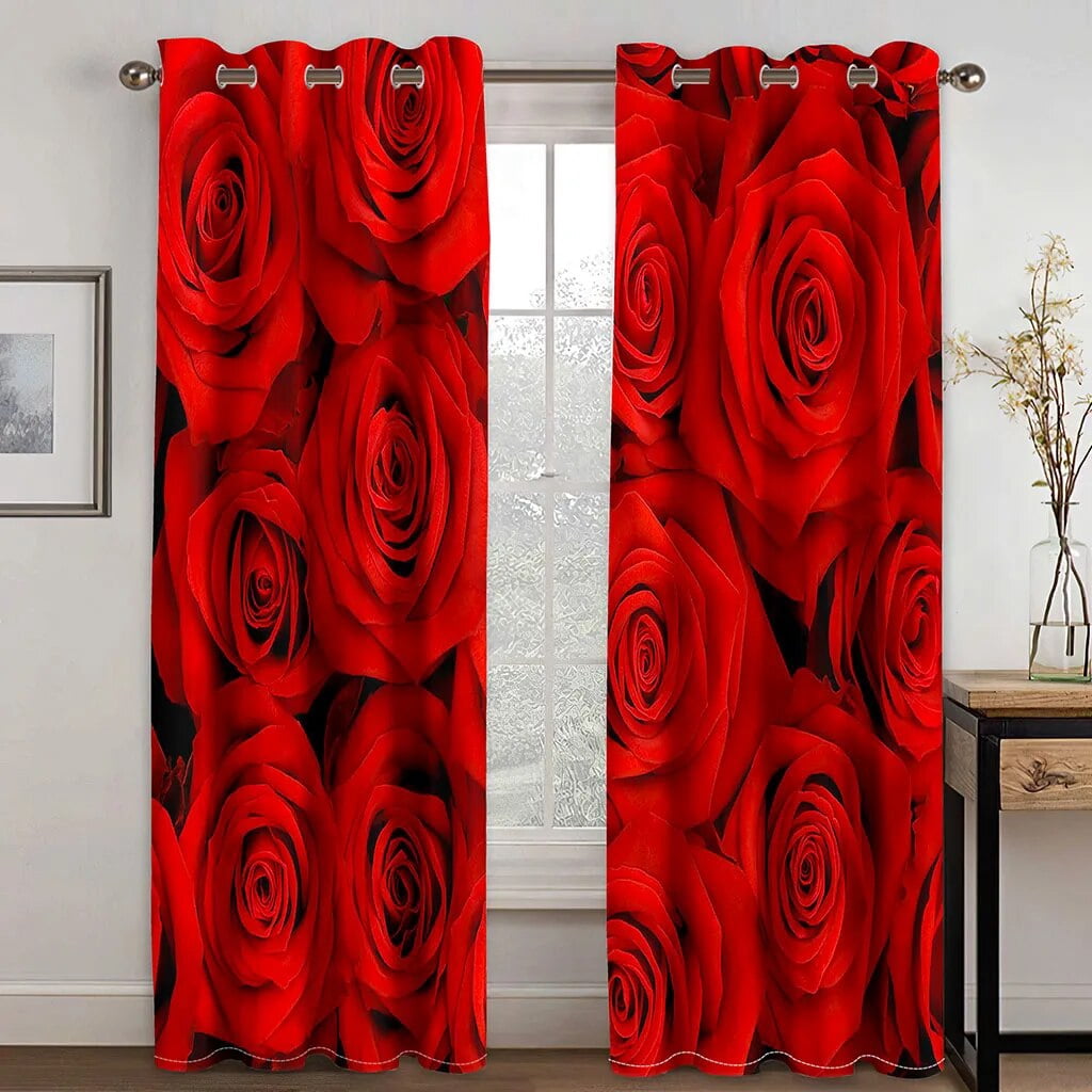 3D Red Rose Couple Flower Romantic Modern Light Filtering Drapes Theme ...