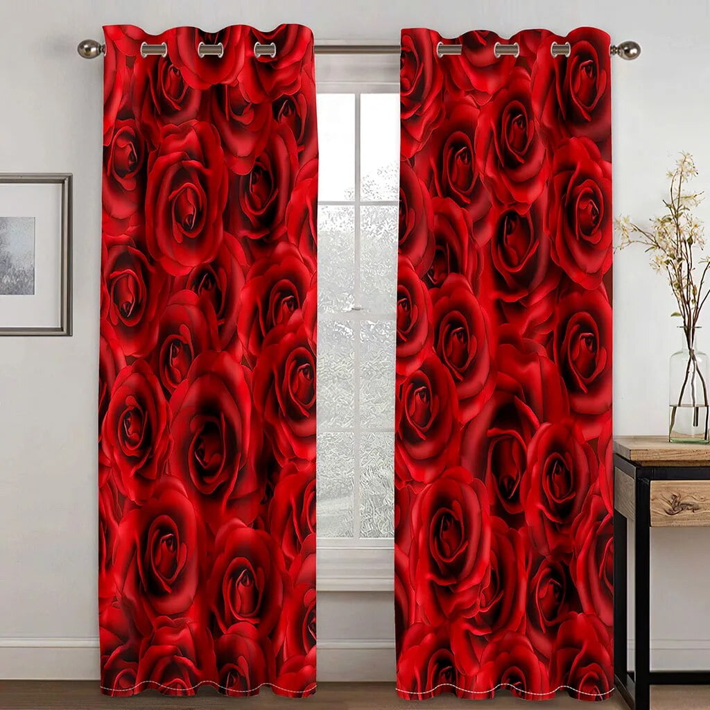 3D Red Rose Couple Flower Romantic Modern Light Filtering Drapes Theme ...