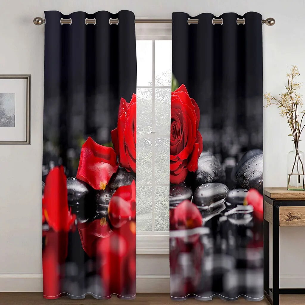 3D Red Rose Couple Flower Romantic Modern Light Filtering Drapes Theme ...