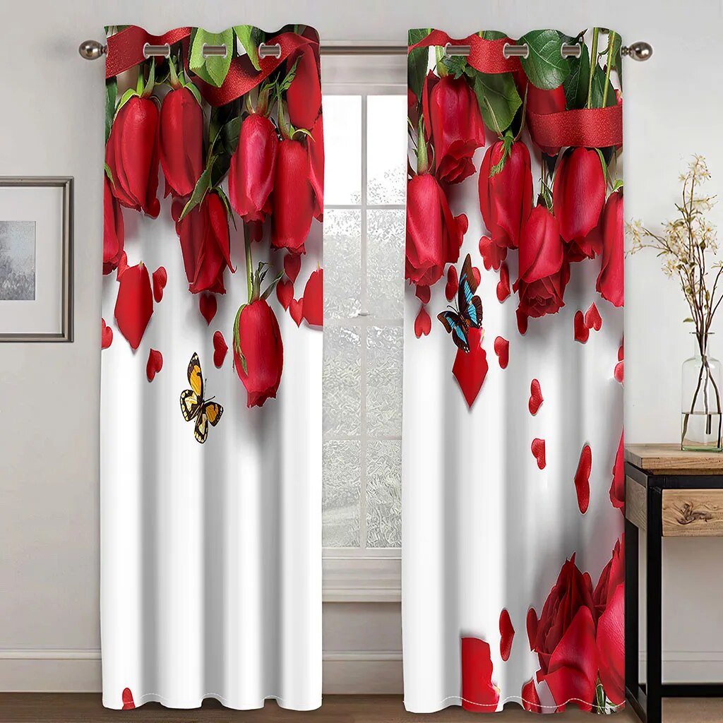 3D Red Rose Couple Flower Romantic Modern Light Filtering Drapes Theme ...