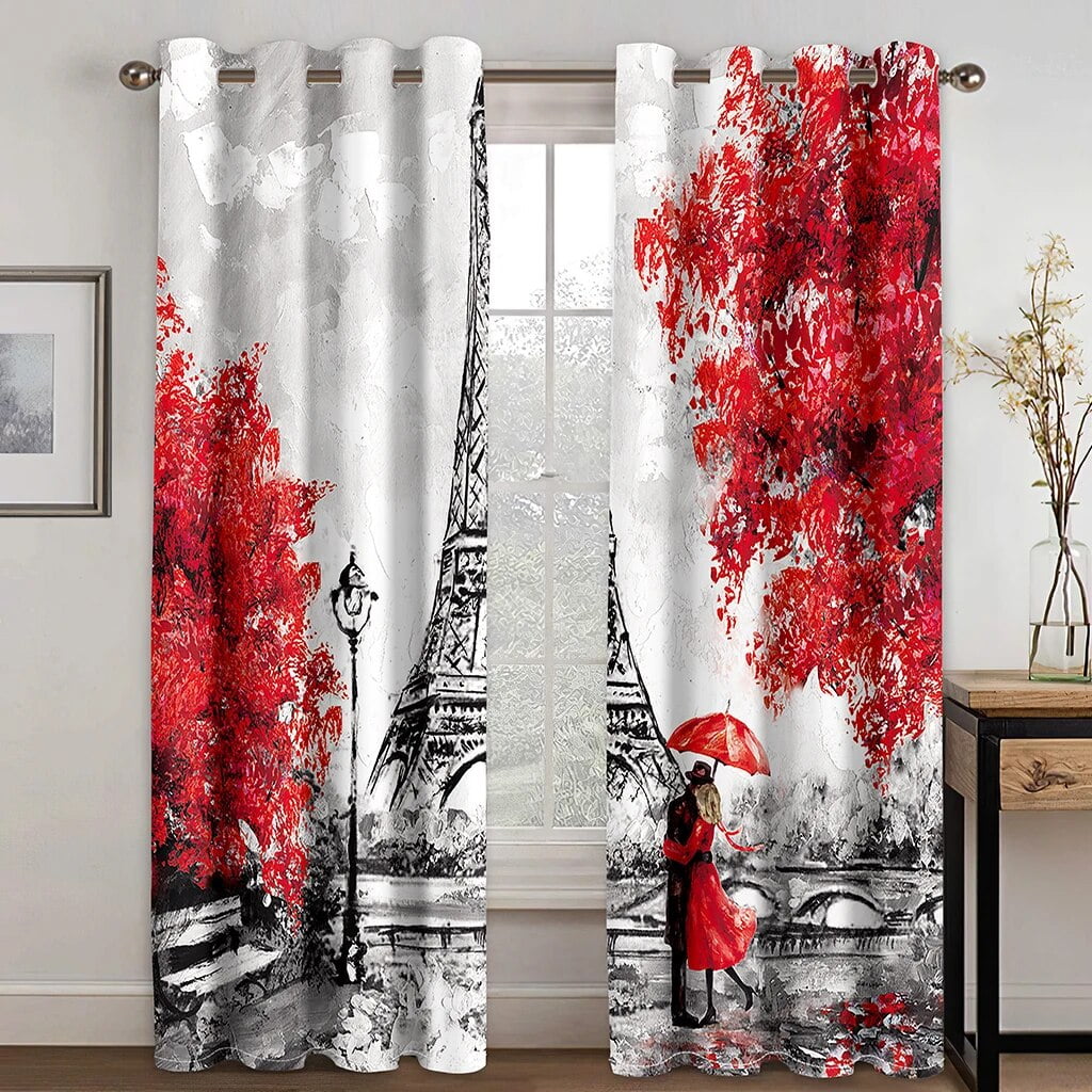 3D Red Rose Couple Flower Romantic Modern Light Filtering Drapes Theme ...