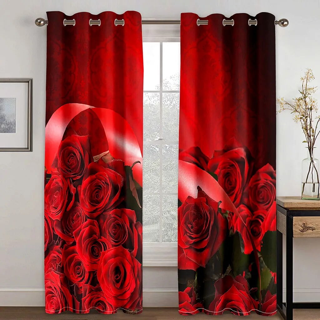 3D Red Rose Couple Flower Romantic Modern Light Filtering Drapes Theme ...