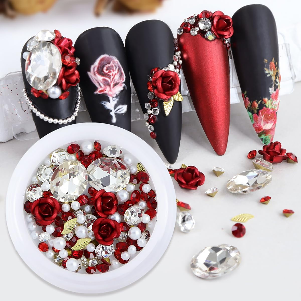 3D Red Rose Nail Art Charms, Romantic Flowers Nails Decorations Mix ...
