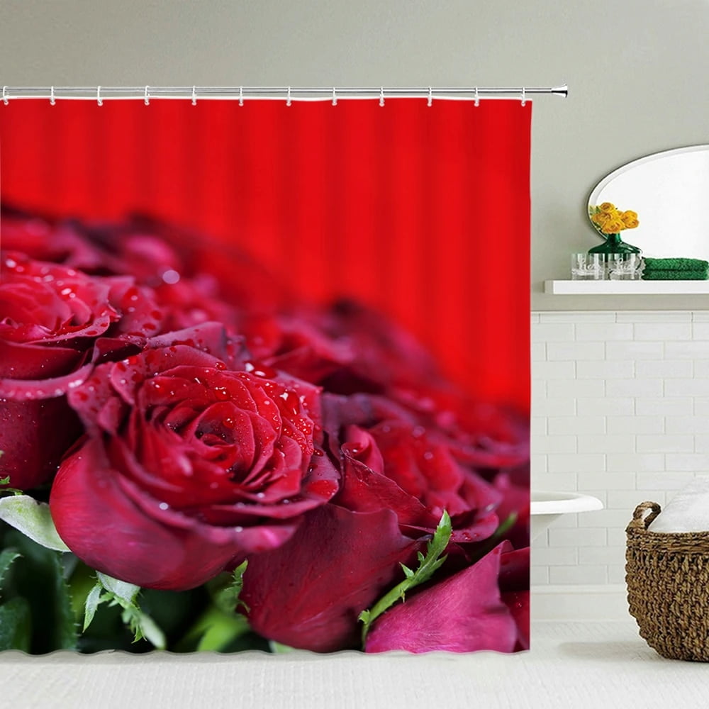 3D Red Rose Plants Flowers Bathroom Curtain Love ce Bath Curtain ...
