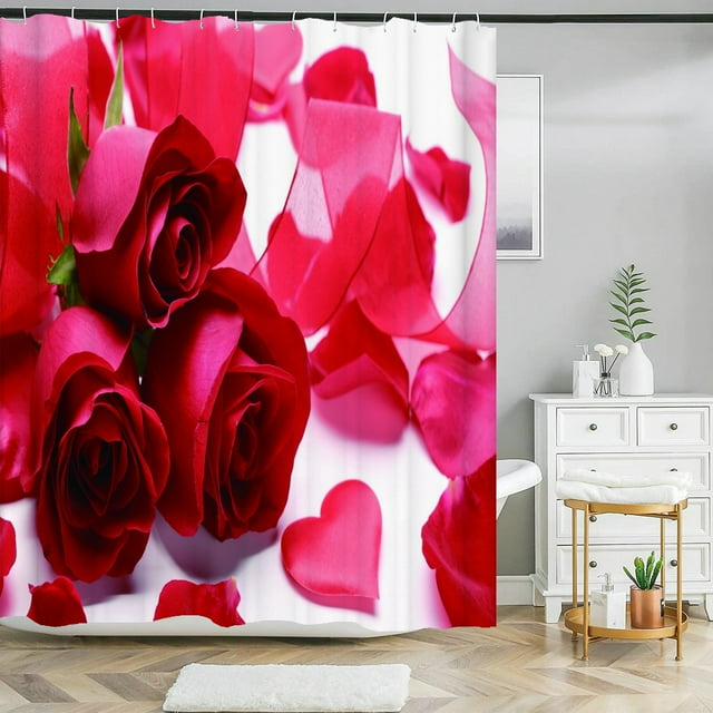 3D Red Rose Shower Curtain Bathroom Curtains Nature Flower Waterproof ...