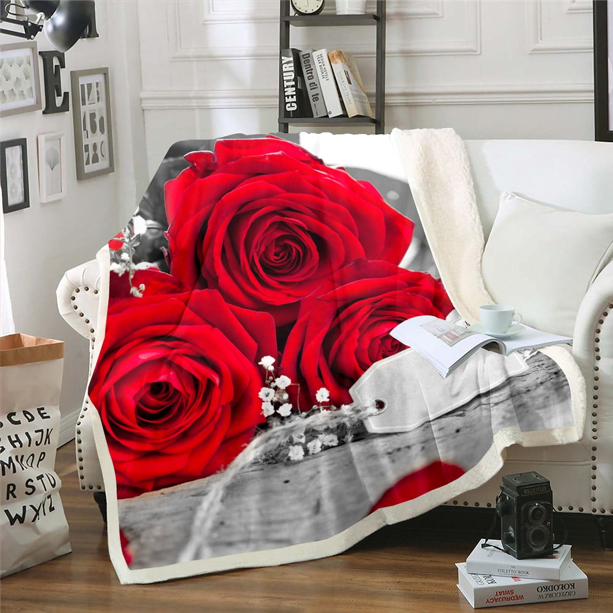 3D Red Rose Throw Blanket for Bed Couch, White Red Grey Fleece Blanket ...