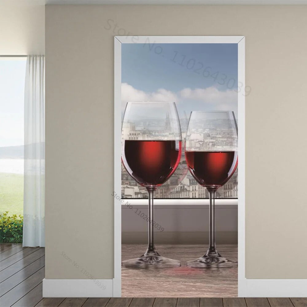 3D Red Wine Cup Door Sticker Room Home Decoration Red Rose Poster Wall ...