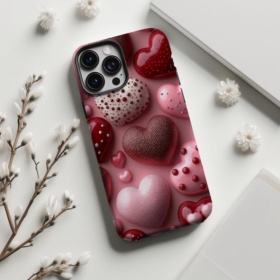 3D Red and Pink Love Heart Print Phone Case, Valentine's Day Gift Idea ...