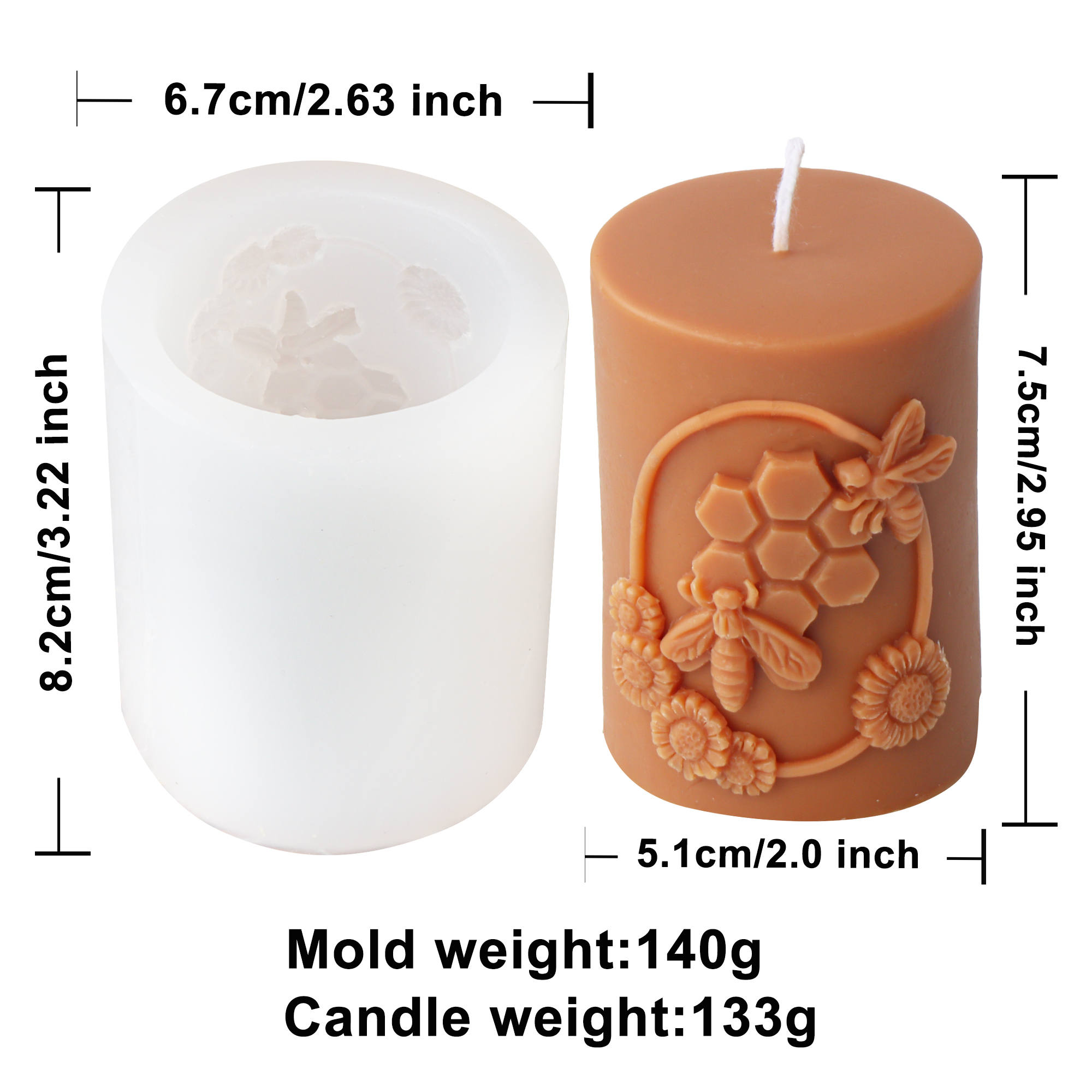 3D Relief Bee Cylindrical Candle Silicone Mold DIY Honeycomb Column ...