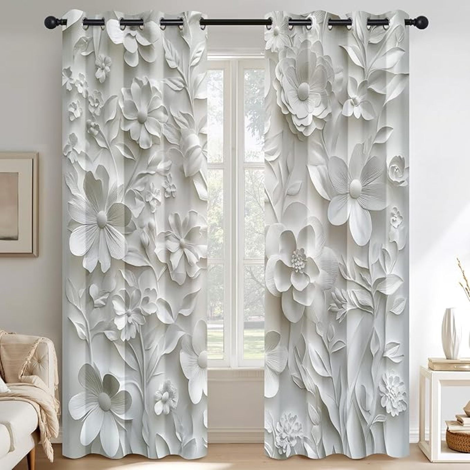 3D Relief Floral Curtains For Bedroom Living Room Decor, White Embossed ...