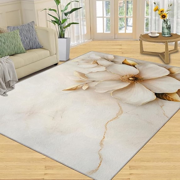 3D Relief Floral Rugs for Bedroom, White Marble Area Rugs for Living ...