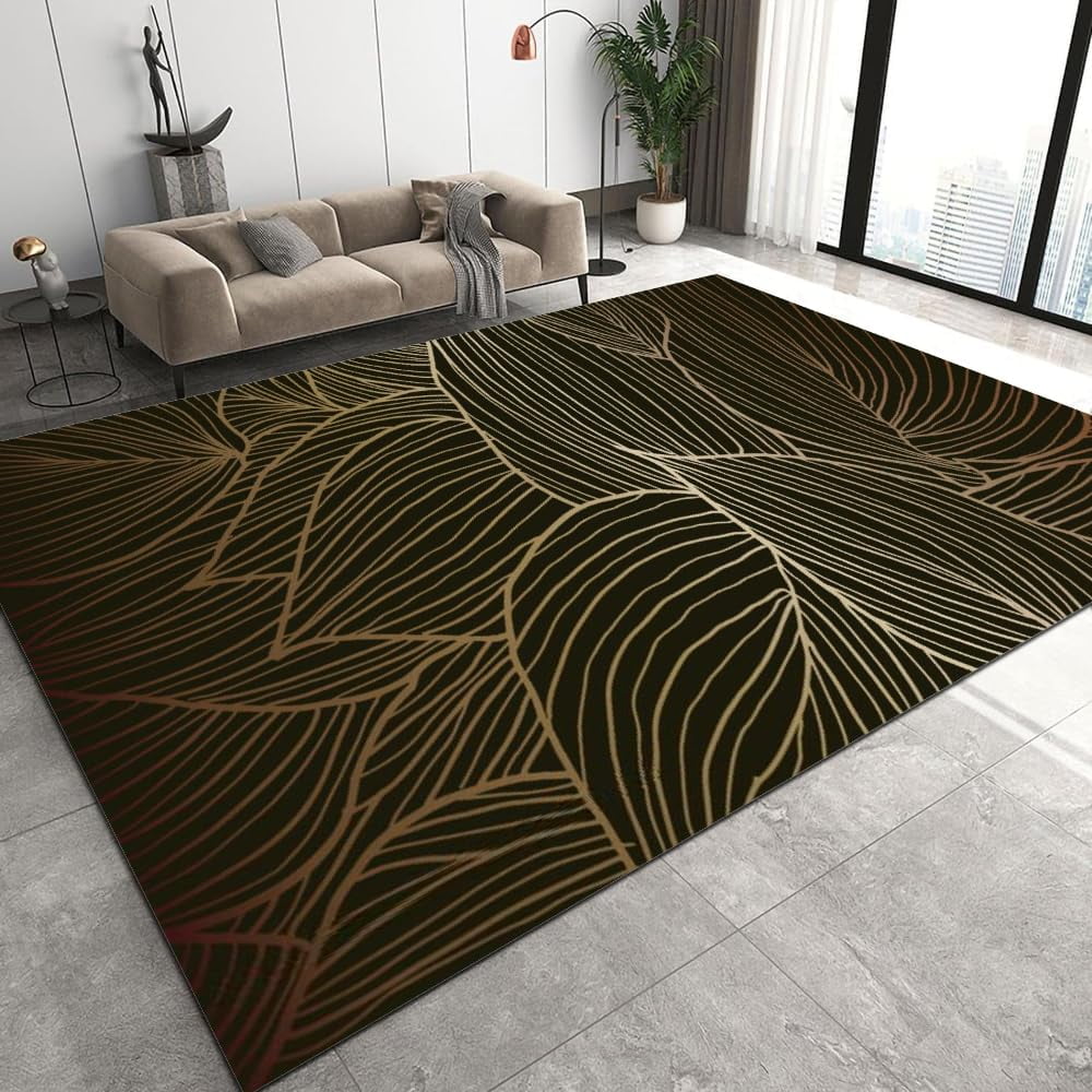 3D Retro Black Golden Plant Leaf Living Room Rugs Home Entrance Carpet ...