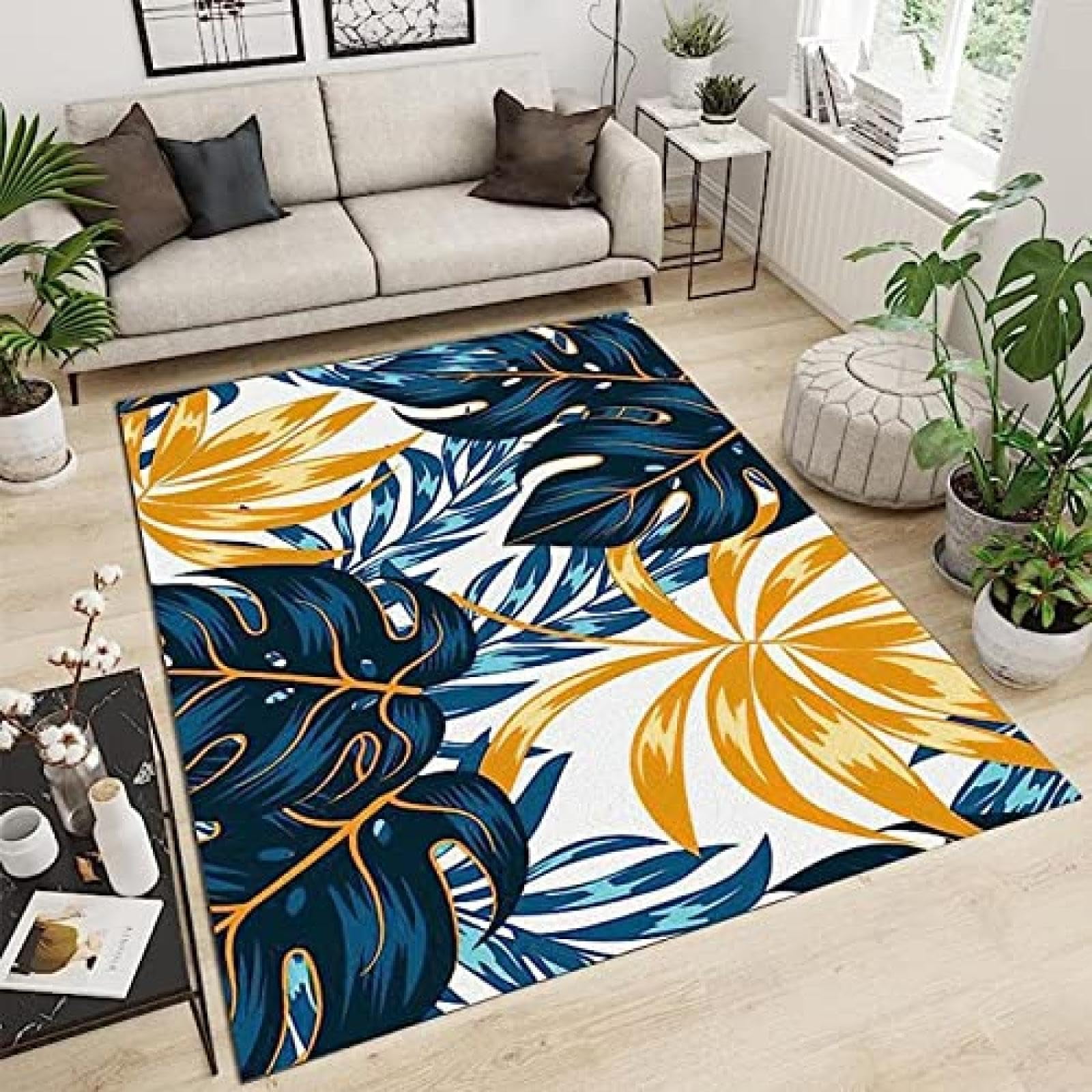 3D Retro Black Golden Plant Leaf Living Room Rugs Home Entrance Carpet ...