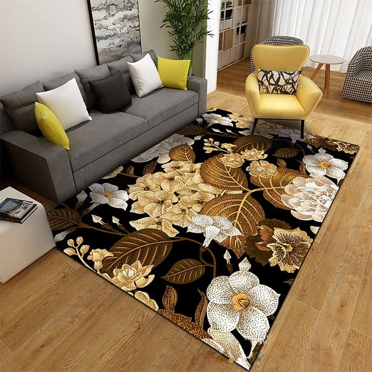 3D Retro Black Golden Plant Leaf Living Room Rugs Home Entrance Carpet ...