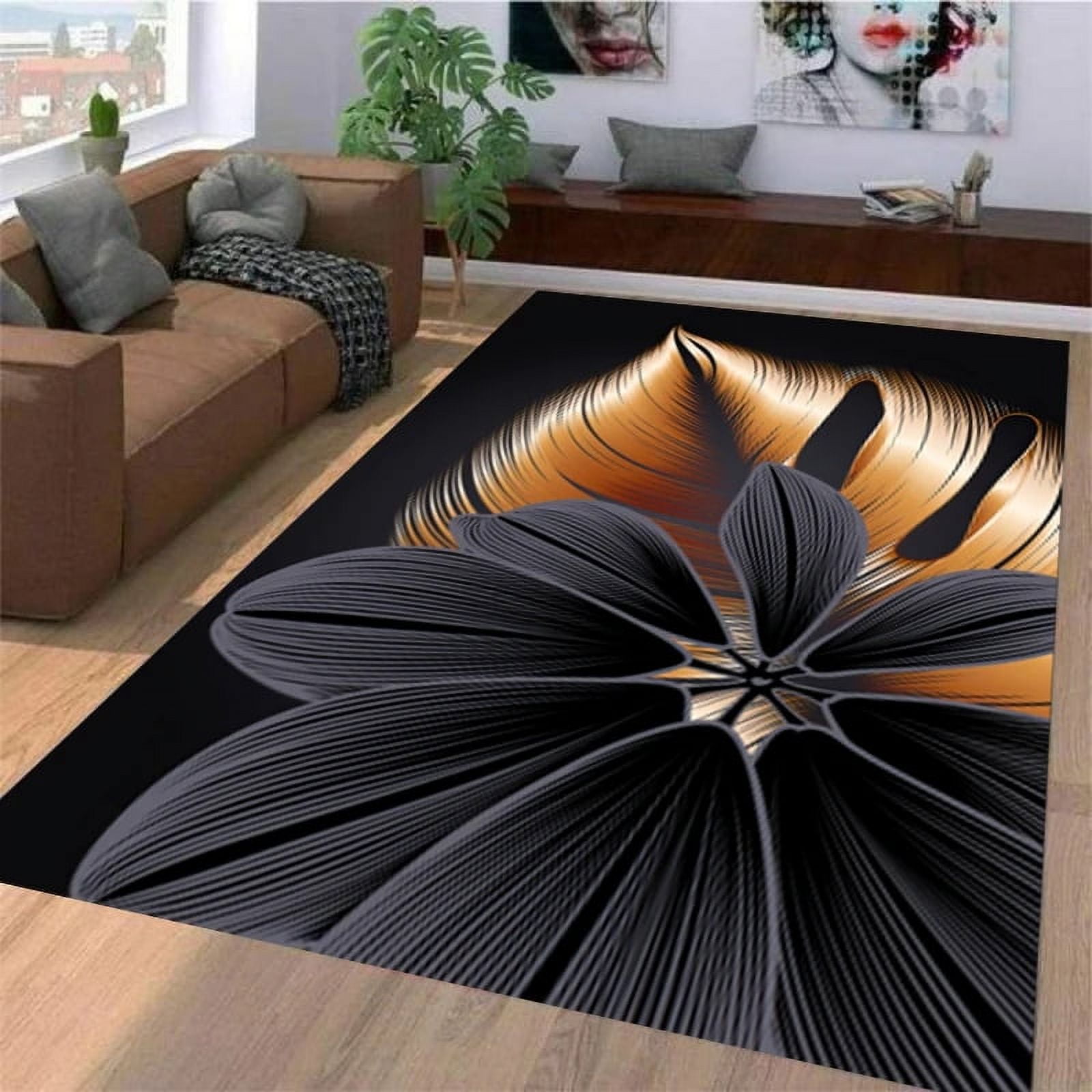 3D Retro Black Golden Plant Leaf Living Room Rugs Home Entrance Carpet ...