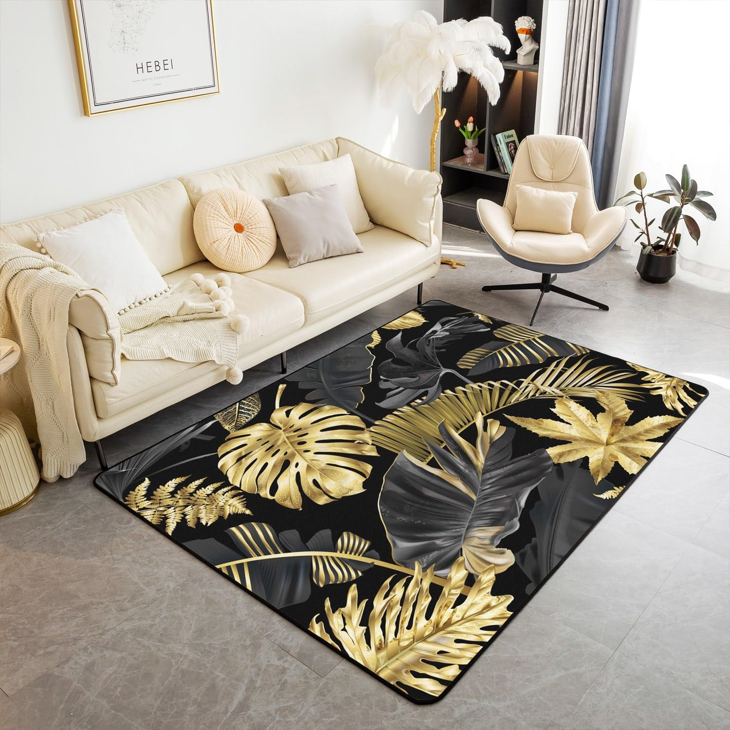 3D Retro Black Golden Plant Leaf Living Room Rugs Home Entrance Carpet ...