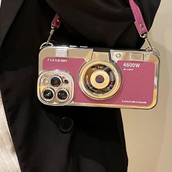 3D Retro Camera Graphic Phone Case with PU Leather Strap, Shockproof ...