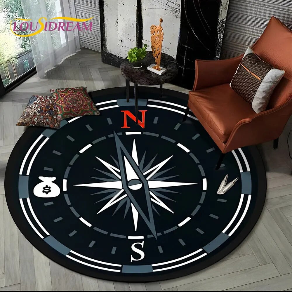 3D Retro Compass Series Circle Area Rug Round Carpet Rug for Living Room Bedroom Sofa Foot Pad r ...