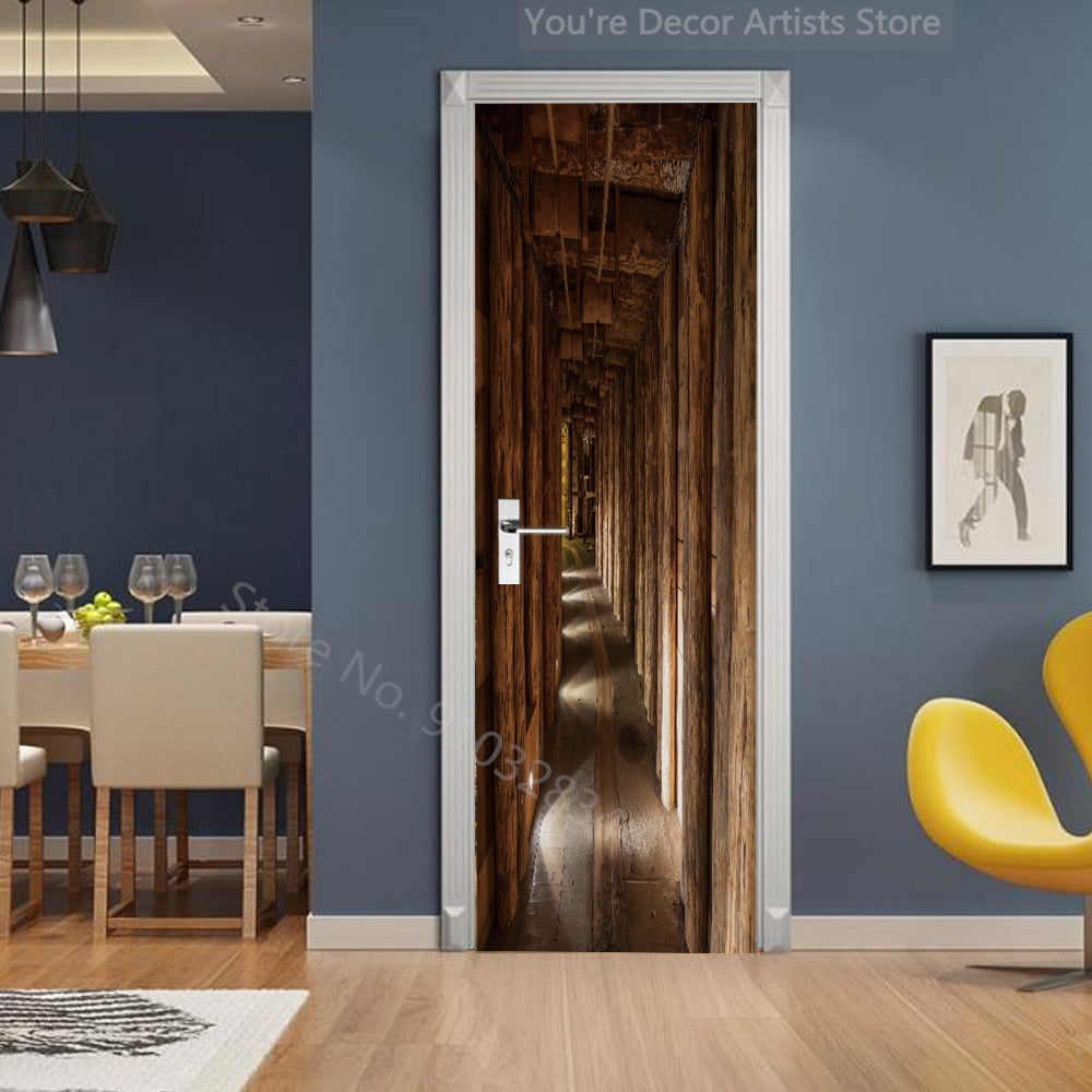 3D Retro Door Stickers Wooden Style Doorposter Self-adhesive PVC Wall ...