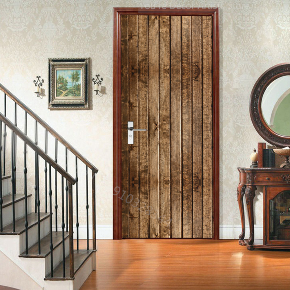 3D Retro Door Stickers Wooden Style Doorposter Self-adhesive PVC Wall ...