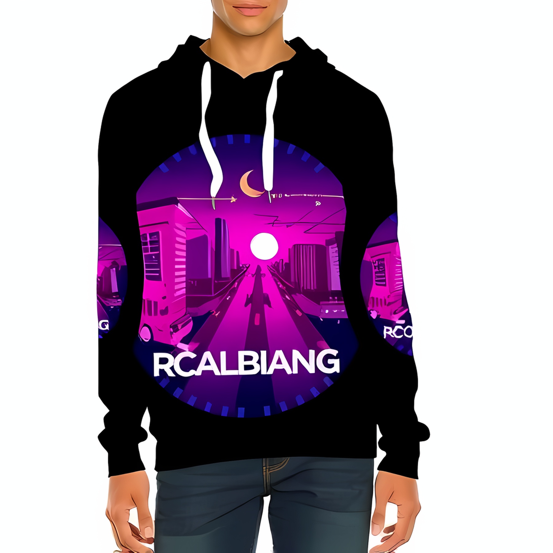 3D Retro-Futuristic City Scene Hoodie with Graphic Design - Nighttime ...