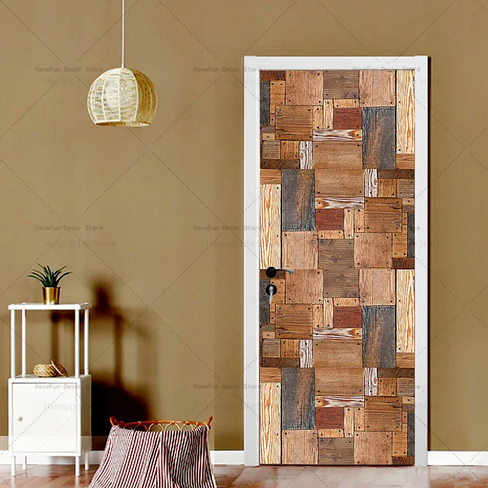 3D Retro Old Wooden Door Stickers Waterproof Poster Wallpaper Self ...