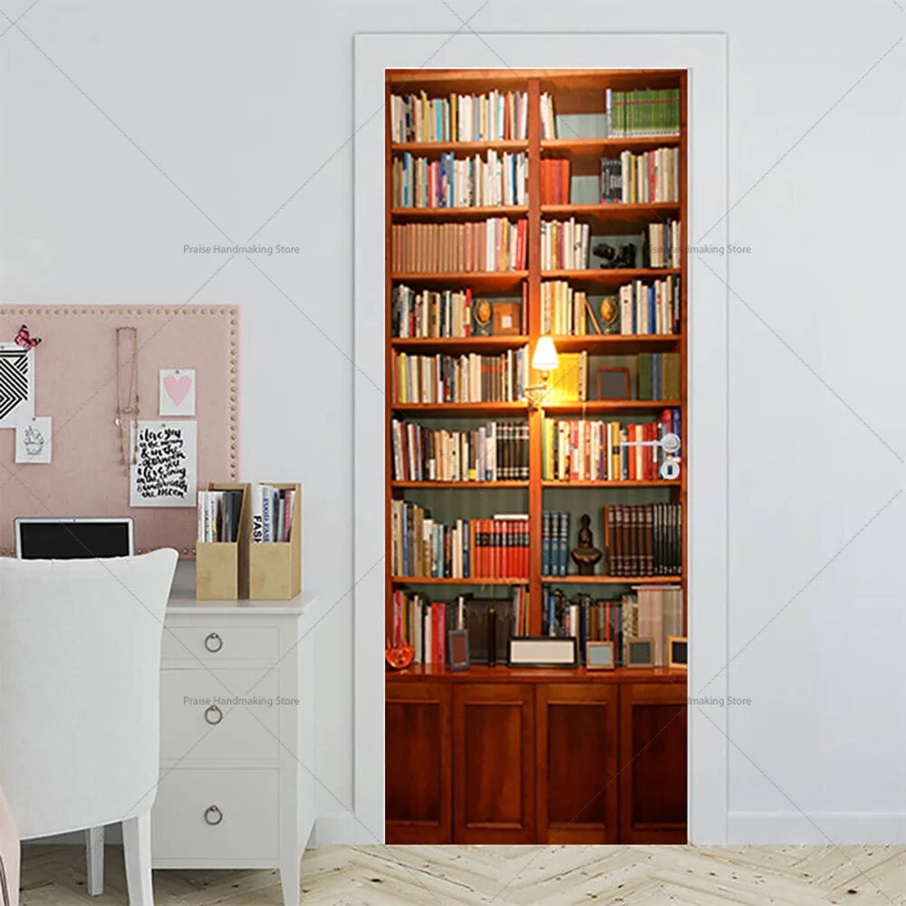 3D Retro Simulation Wooden Door Sticker，Library Wall Decoration Sticker ...