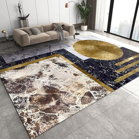 3D Retro Tiles Marble Area Rugs, Luxurious Golden Circle Lines Rough ...