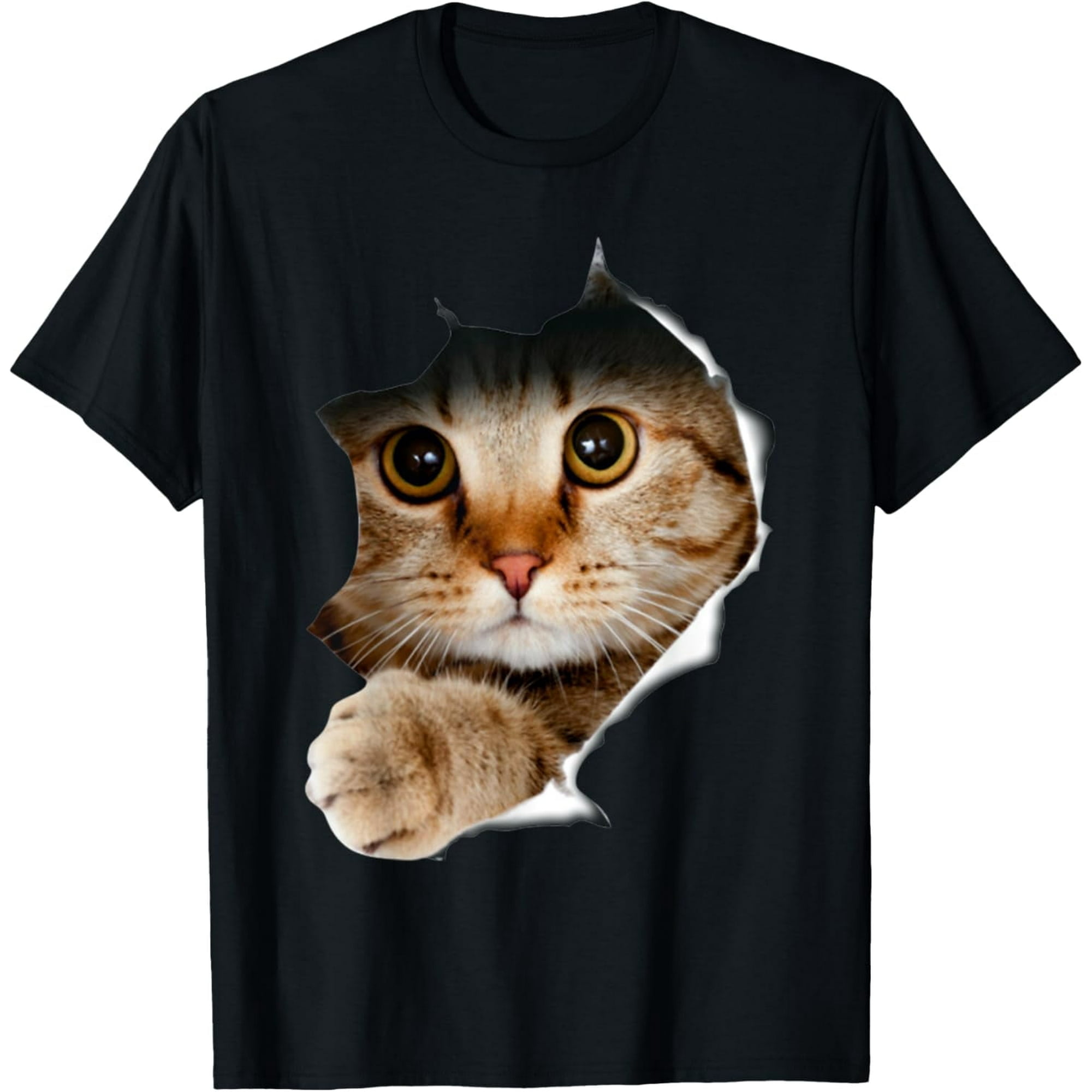 3D Ripped Fabric Cute Tabby Cat Peeking Unisex Graphic Short Sleeve T ...