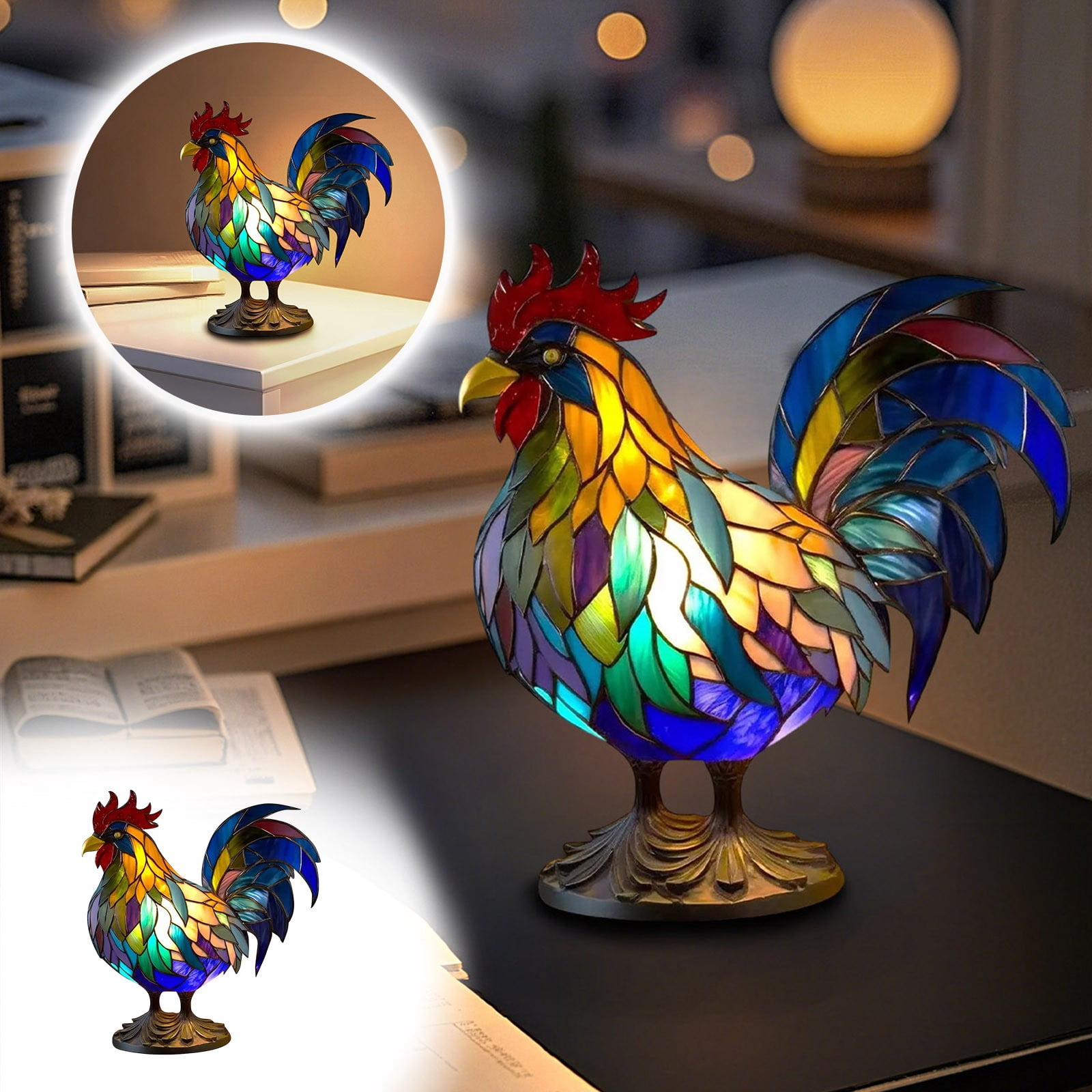 3D Rooster Lamp, Retro Stained Pet Themed LED Table Lamps with Warm ...