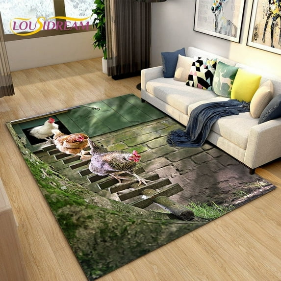 3D Rooster and Hen Chicken Area Rug Large Carpet Rug for Living Room ...