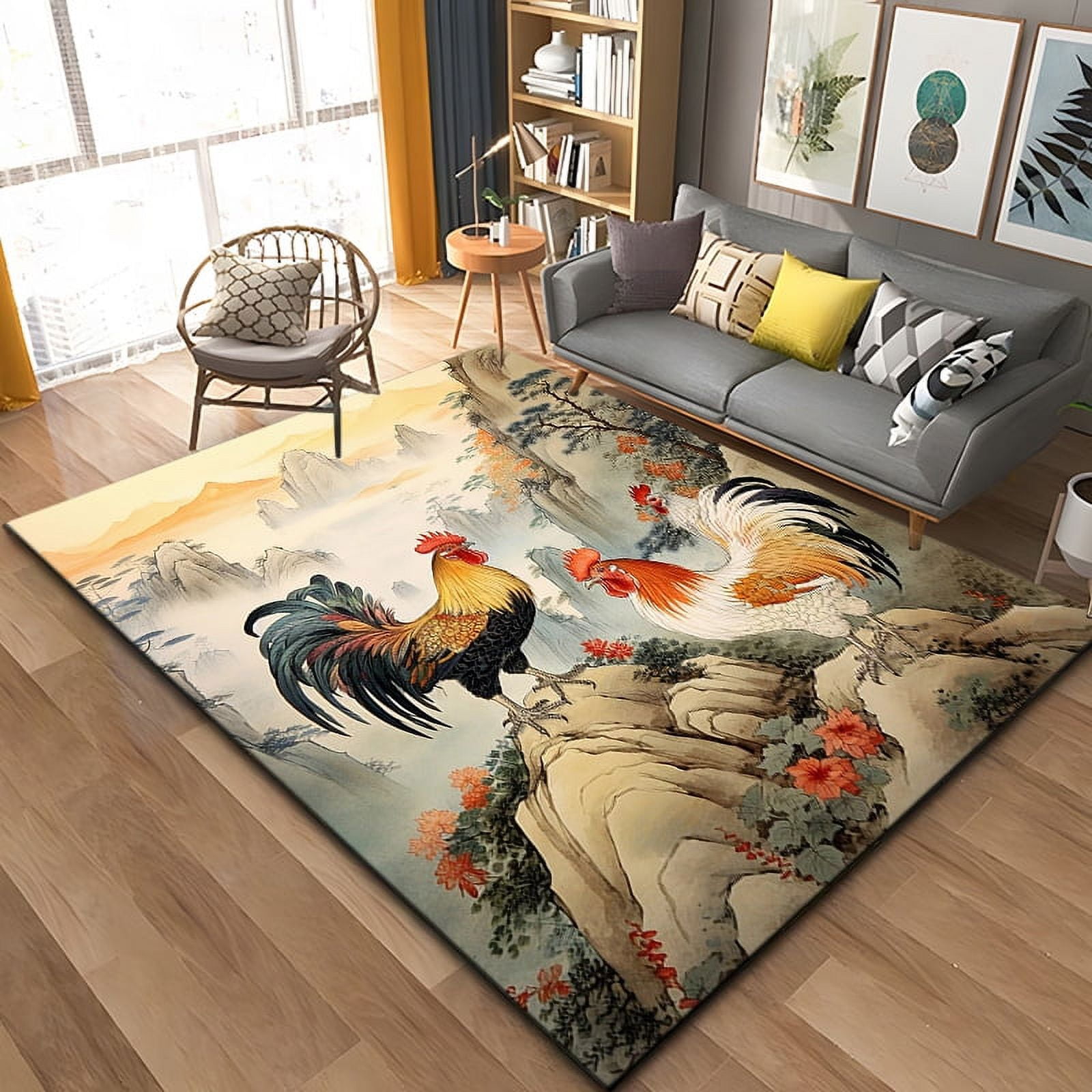 3D Rooster and Hen Chicken Area Rug Large Carpet Rug for Living Room ...