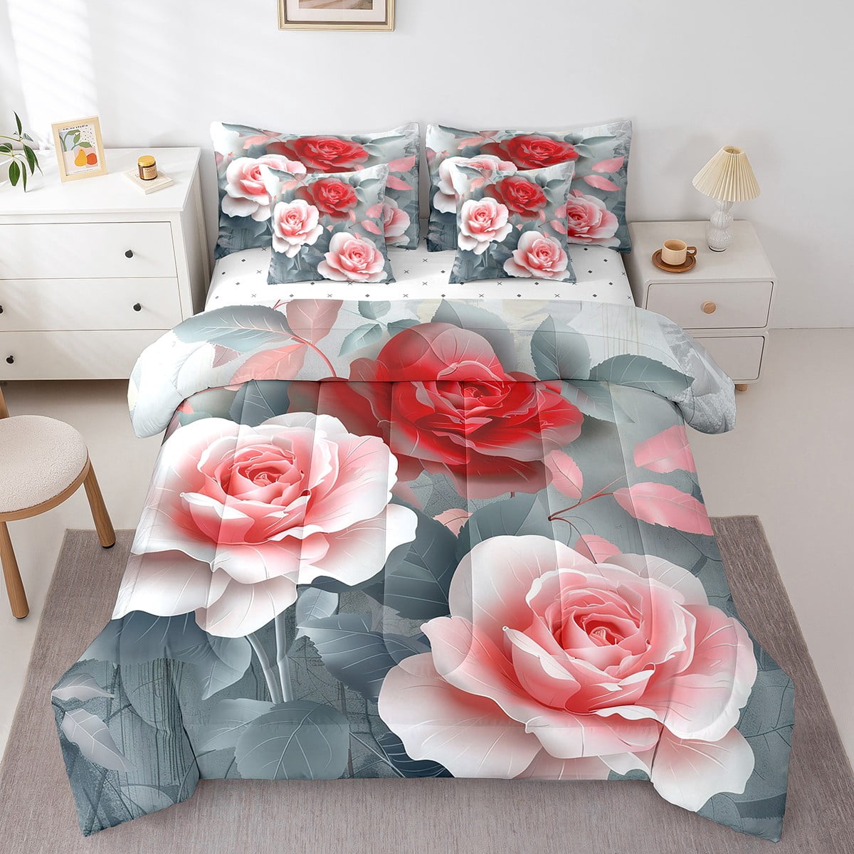3D Rose 7 Piece Comforter Set Full Bed in a Bag,Red Pink Flowers ...