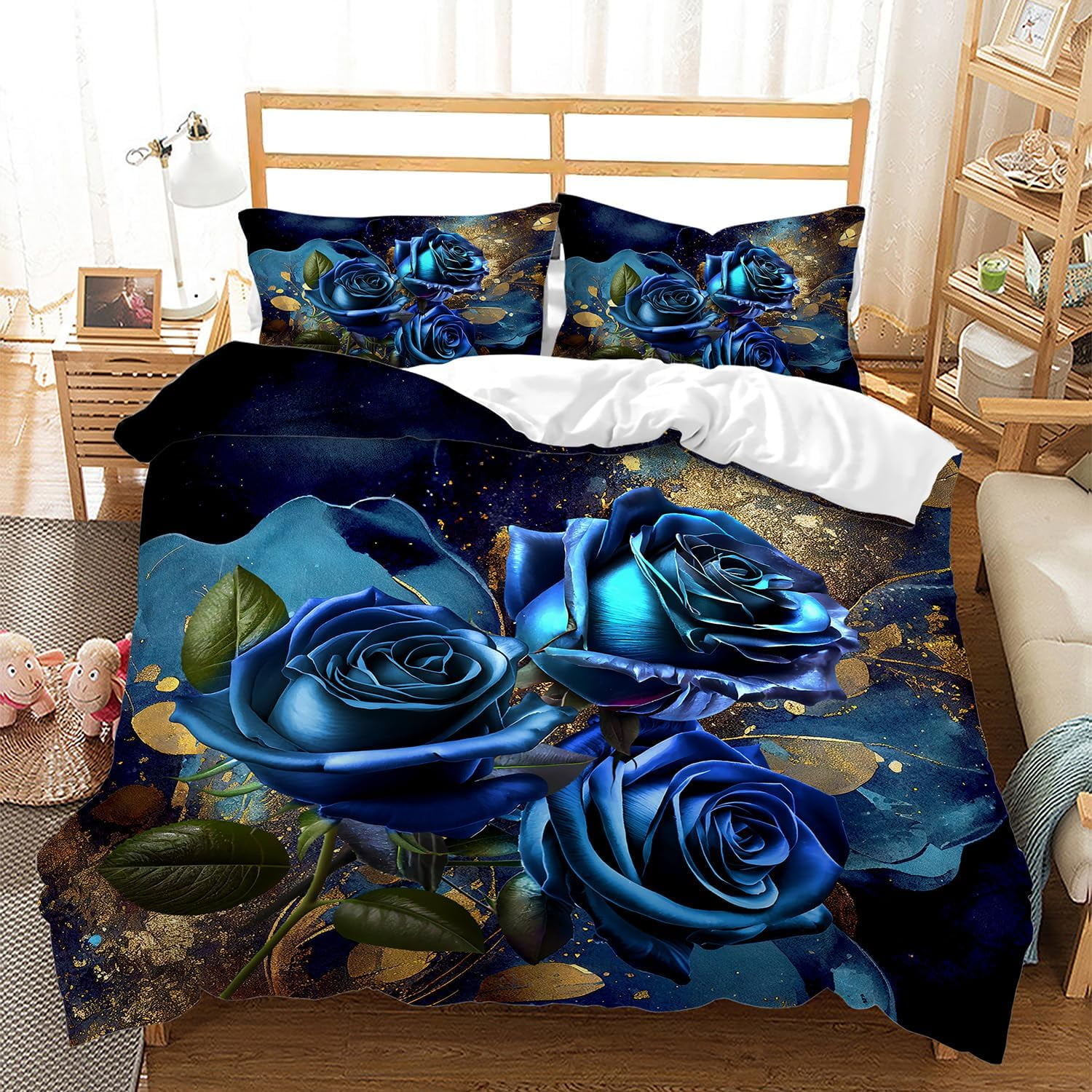 3D Rose Bedding Blue Floral Duvet Cover Set,Blue and Gold Rose Printed ...