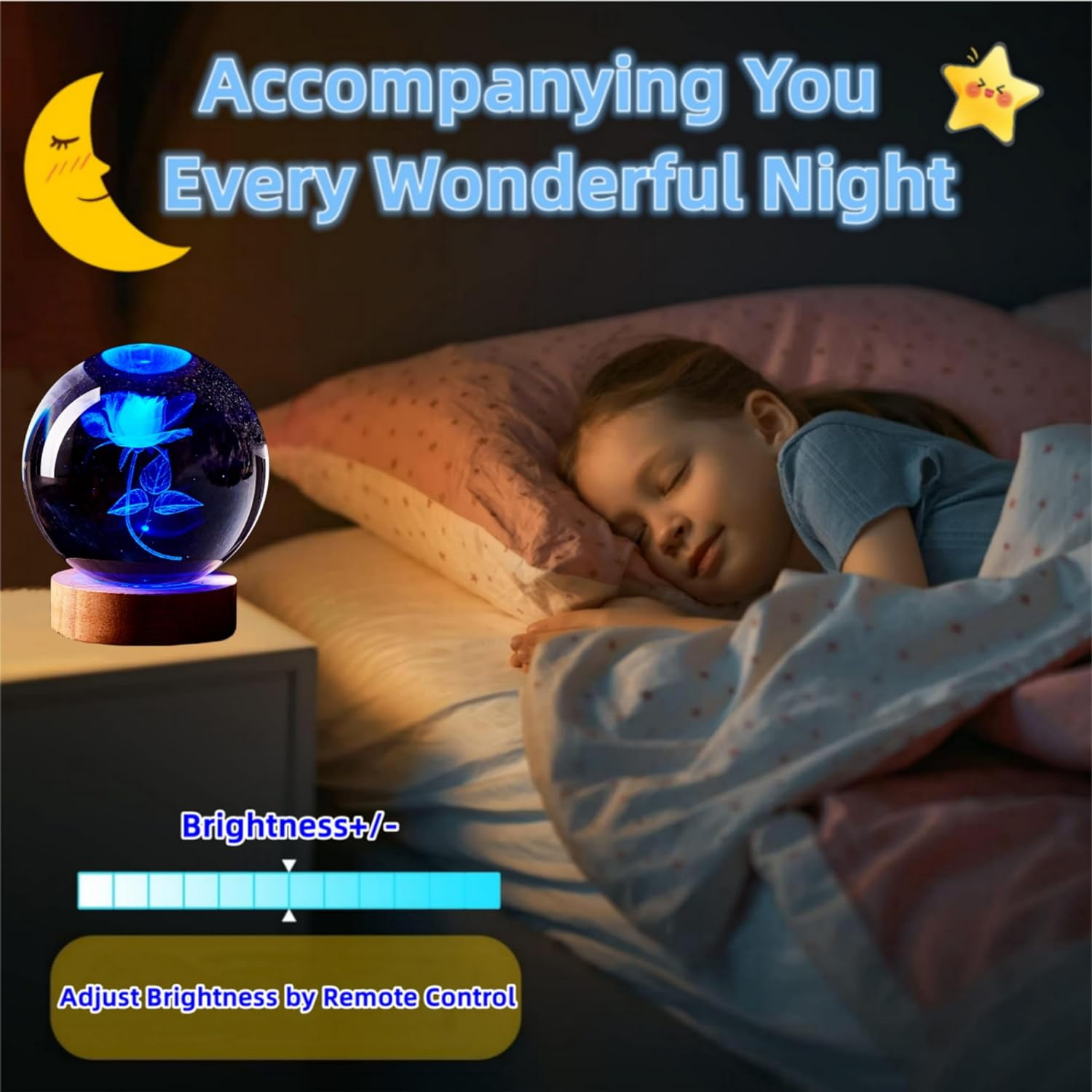 3D Rose Crystal Ball Lamp,3.15 inch Crystal Ball Night Light with ...
