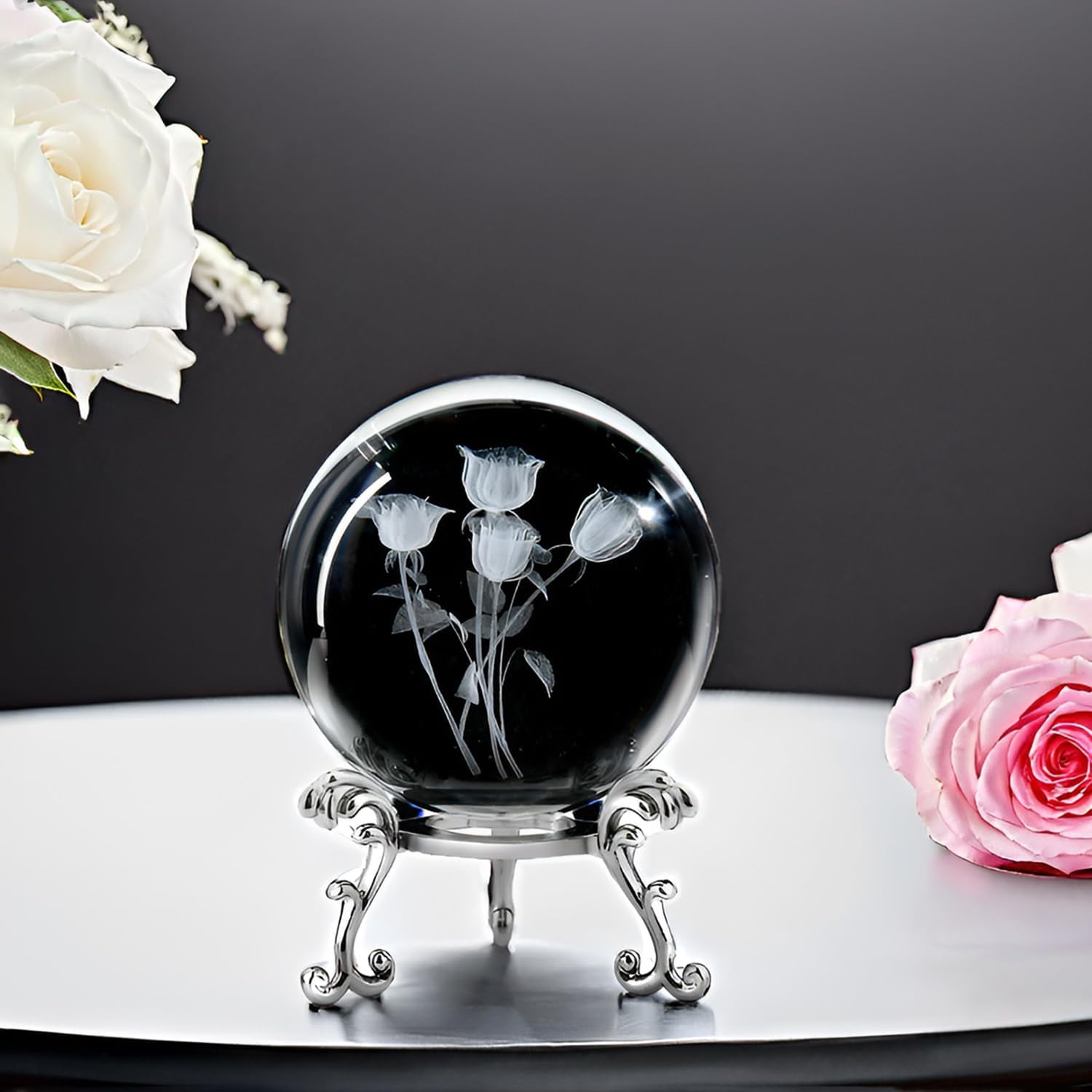 3D Rose Crystal Ball with Stand, 60mm Laser Etched Rose Flower in Glass ...