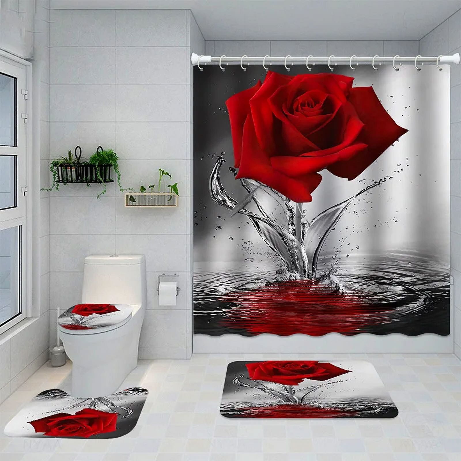 3D Rose Flower Waterproof Shower Curtain Set Non-slip Floor Mat Sets Bathroom with and Rugs r ...