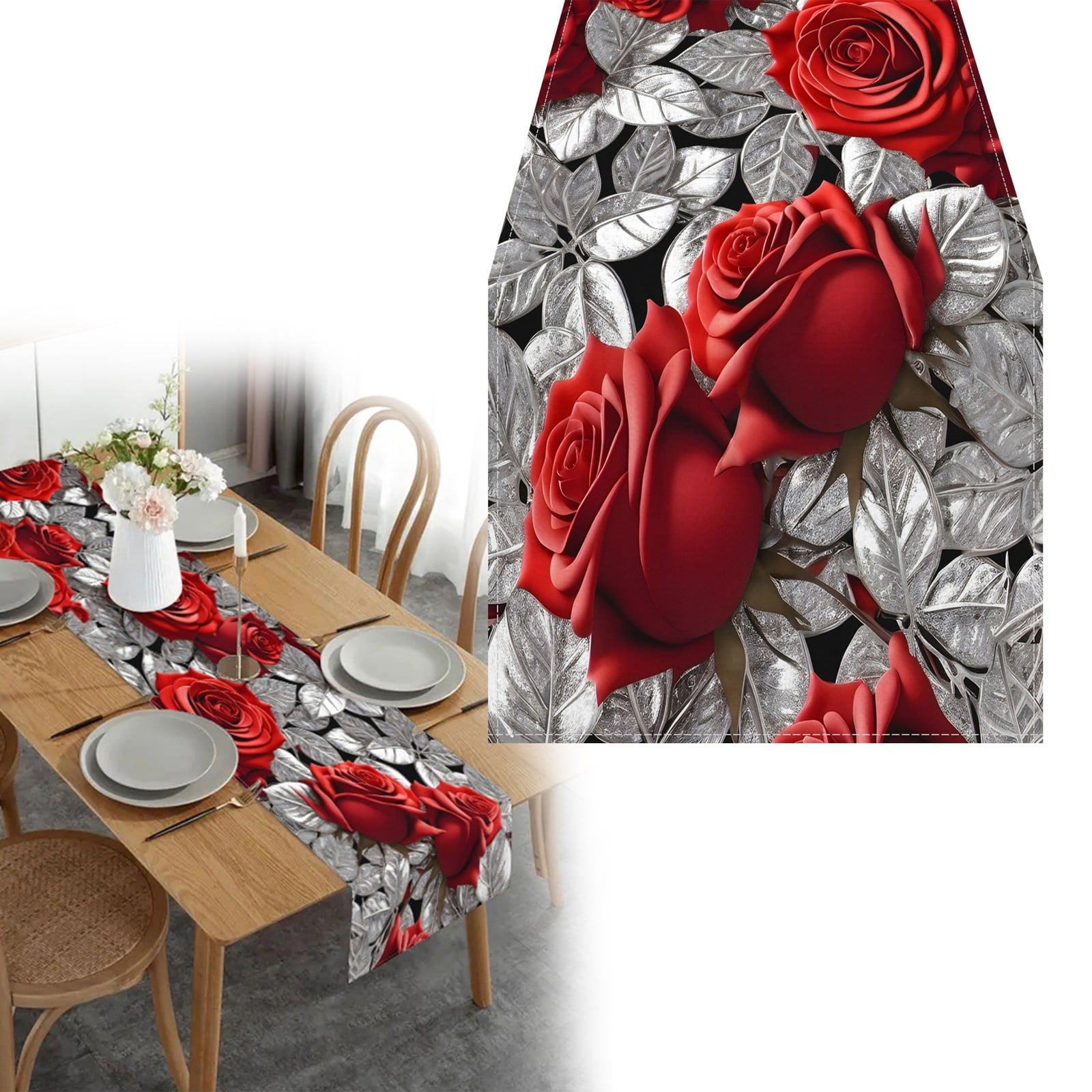 3D Rose Print Table Runner, Red Rose and Silver Leaf Washable ...
