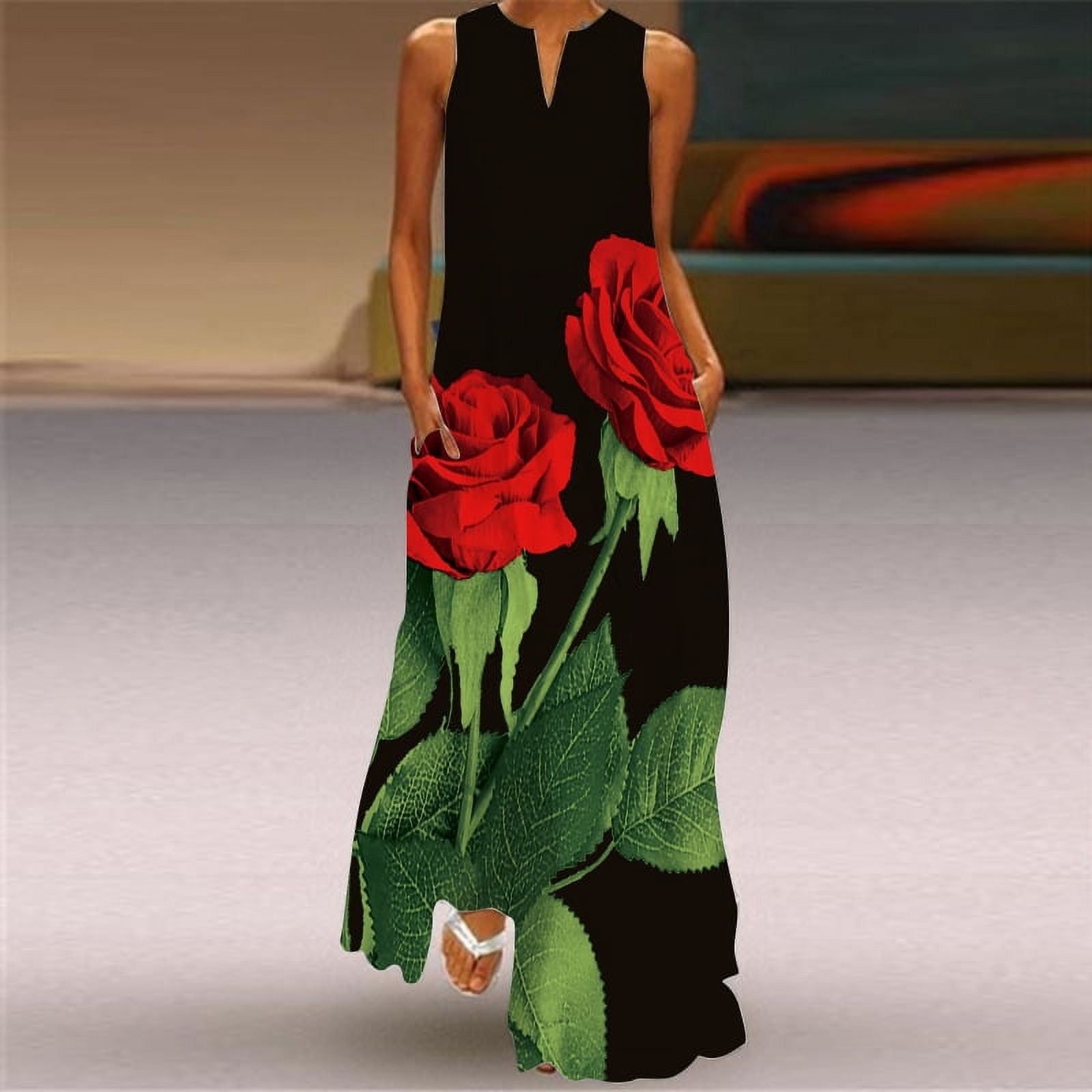 3D Rose Printed Maxi Dresses For Women New Summer Ladies Sleeveless V ...