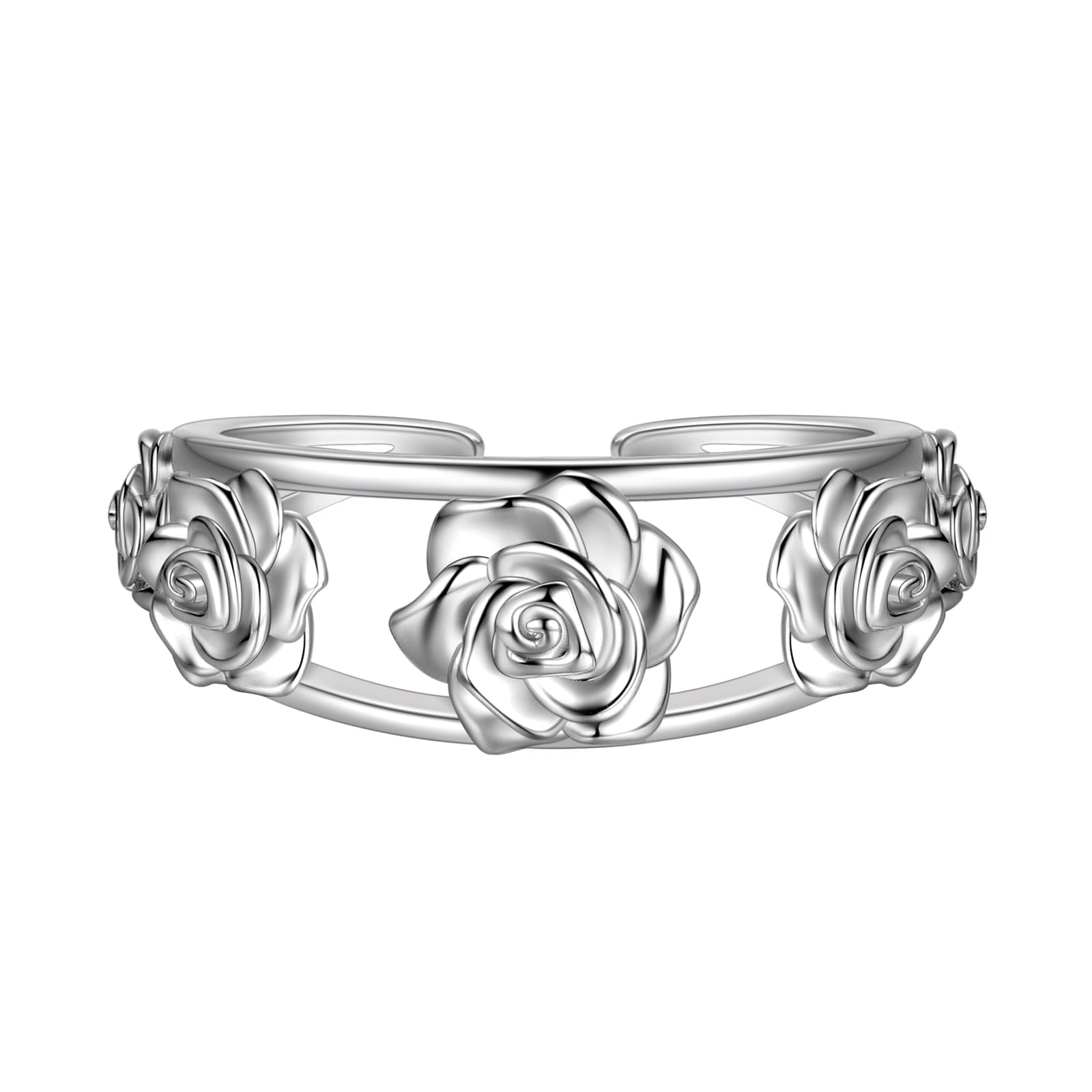 Silver Plated Rose Ring for Women, Adjustable Rose Flower Open Promise ...