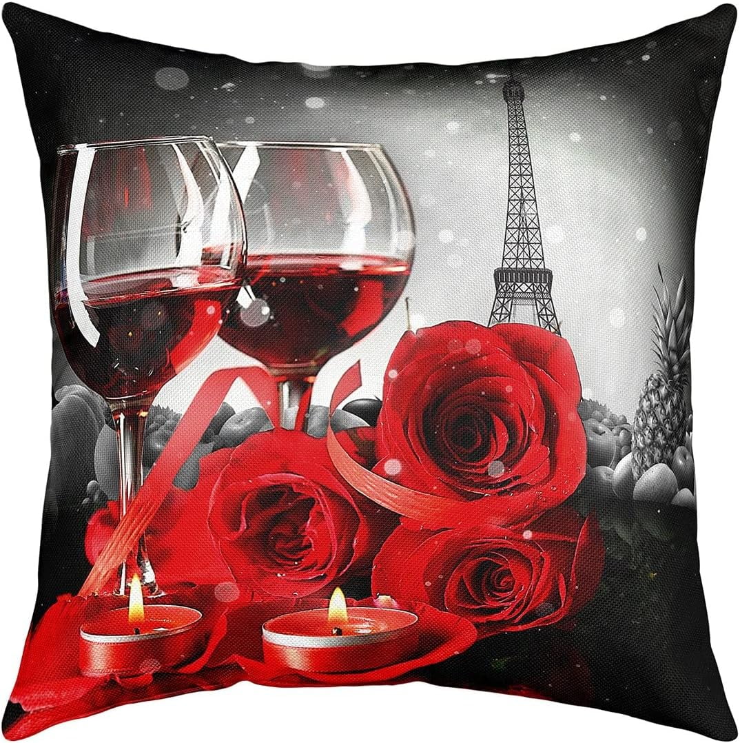 3D Rose Wine Glass Pillow Cover 20x20, Girls Romantic Eiffel Tower ...