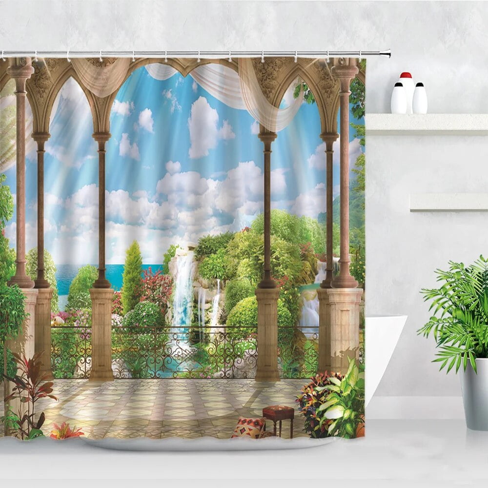3D Rural Floral Scenery Shower Curtain Set Flowers Green Plant Roman ...