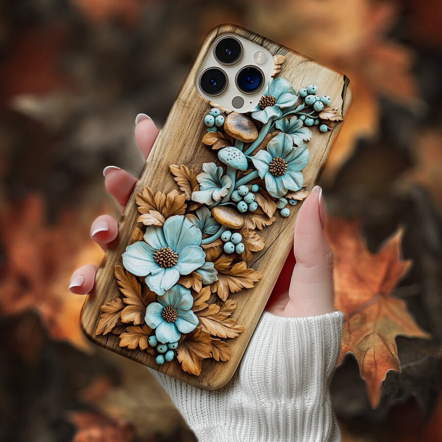 3D Rustic Country Autumn Blue Floral Textured Phone Case 11 12 13 14 15 ...