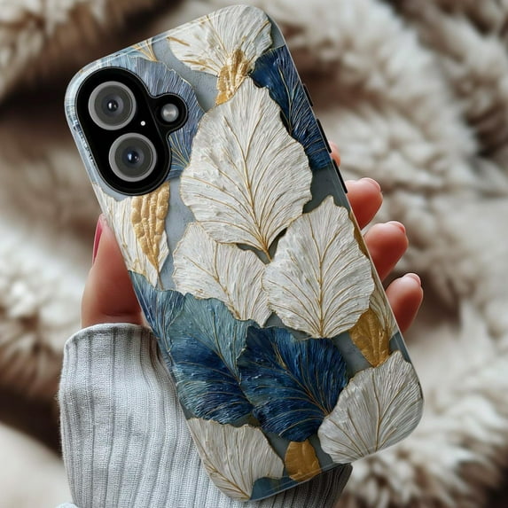 3D Rustic Leaves White Blue Nature Botanical Phone Case 17 16 15 14 13 ...
