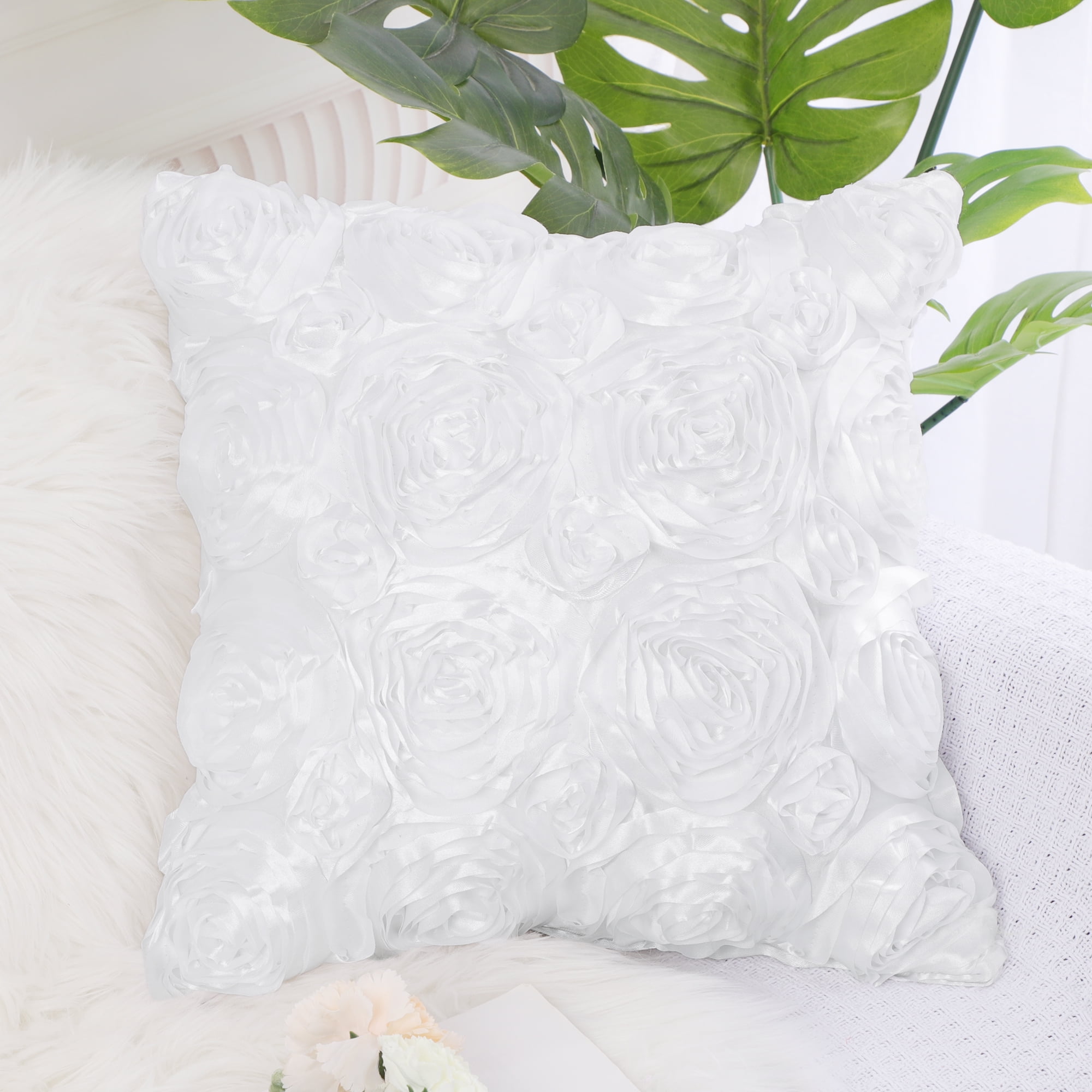 3D Satin Rose Flower Throw Pillow Cover Shells,Pure Floral Cushion ...