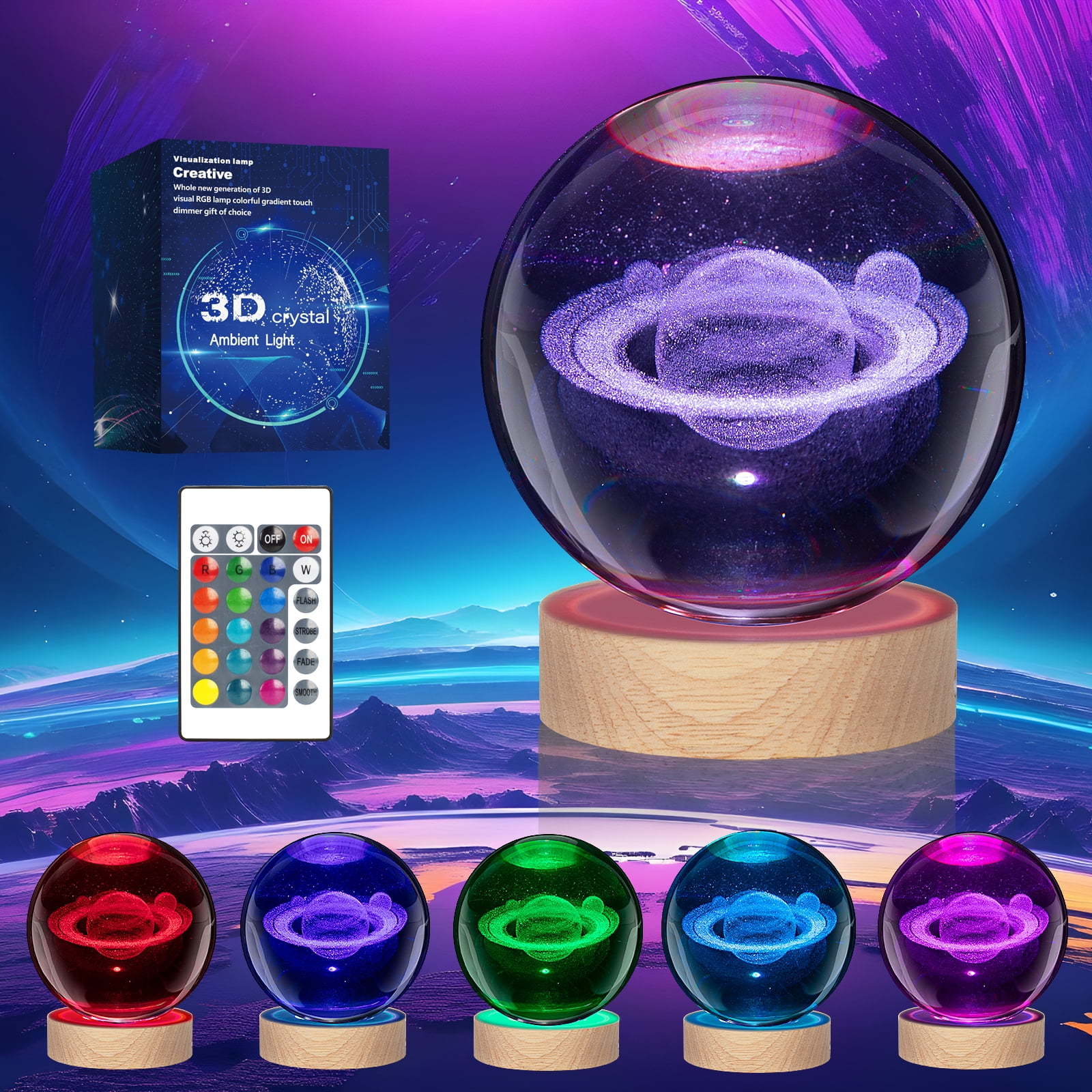 3D Saturn Crystal Ball Lamp,3.15 inch K9 Crystal Ball Night Light with ...