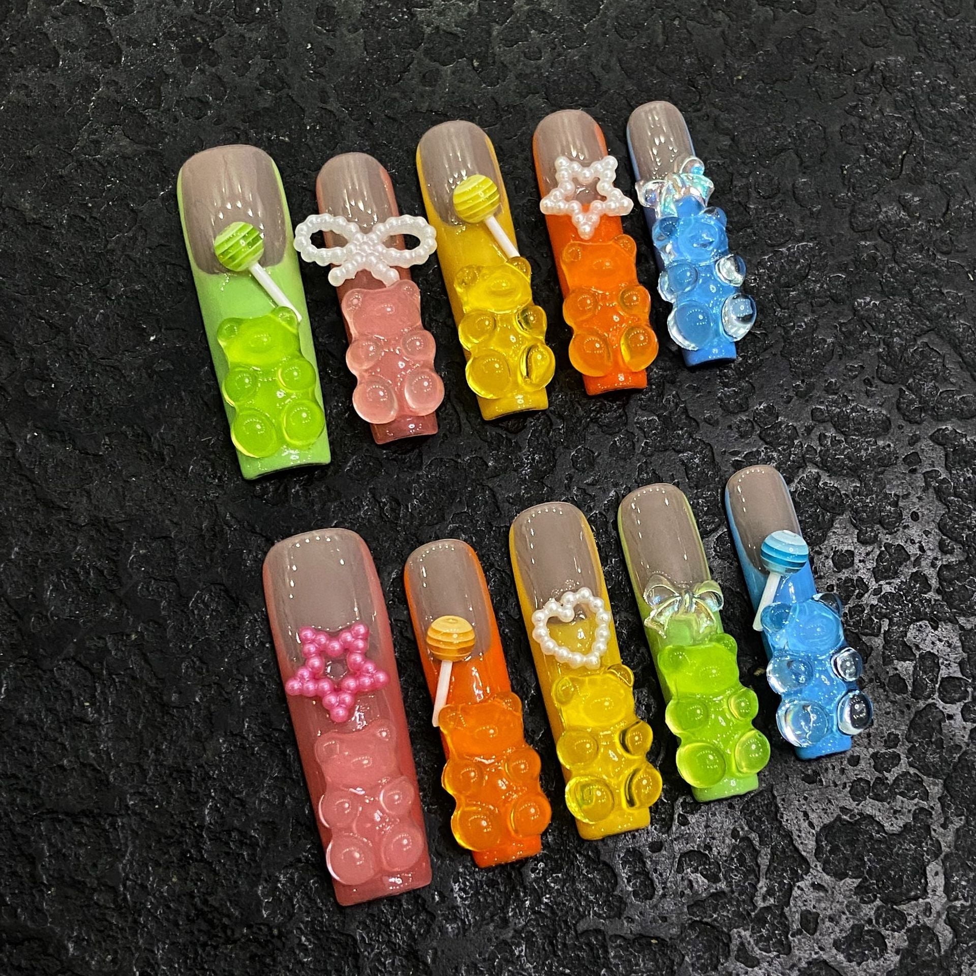 3D Sculpted Spicy Gummy Bear Rainbow Press On Nails long french tip ...