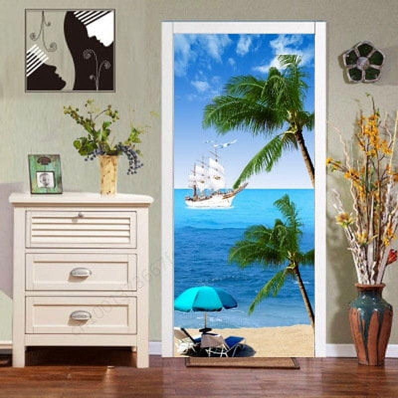 3D Sea View Beach Door Stickers Home Decoration PVC Wallpaper Bedroom ...
