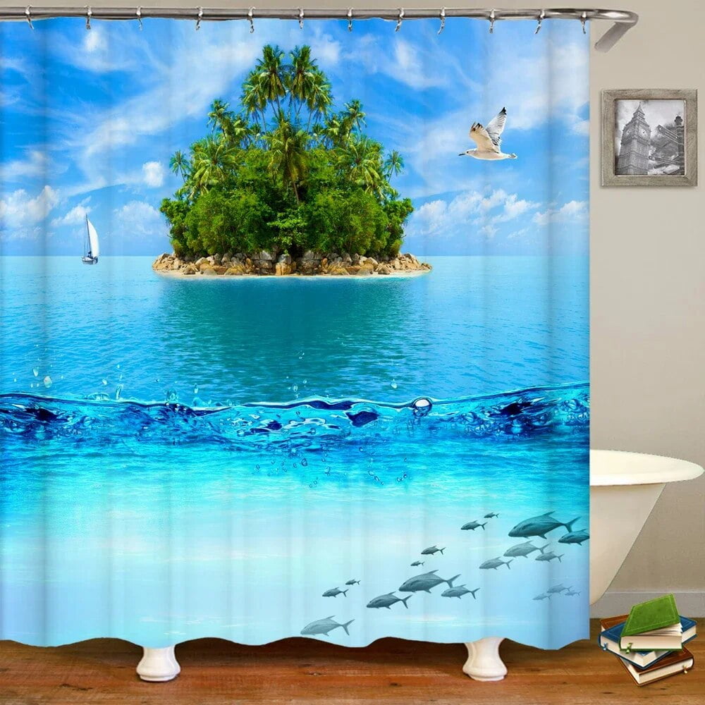 3d Seascape Beach Printed Fabric Shower Curtains Bathroom Curtain Bath