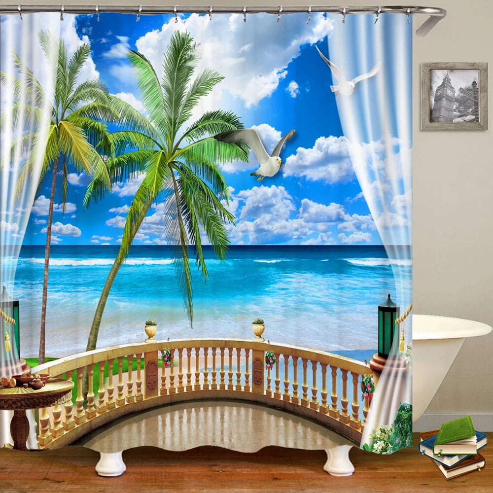 3d Seascape Beach Printed Fabric Shower Curtains Bathroom Curtain Bath